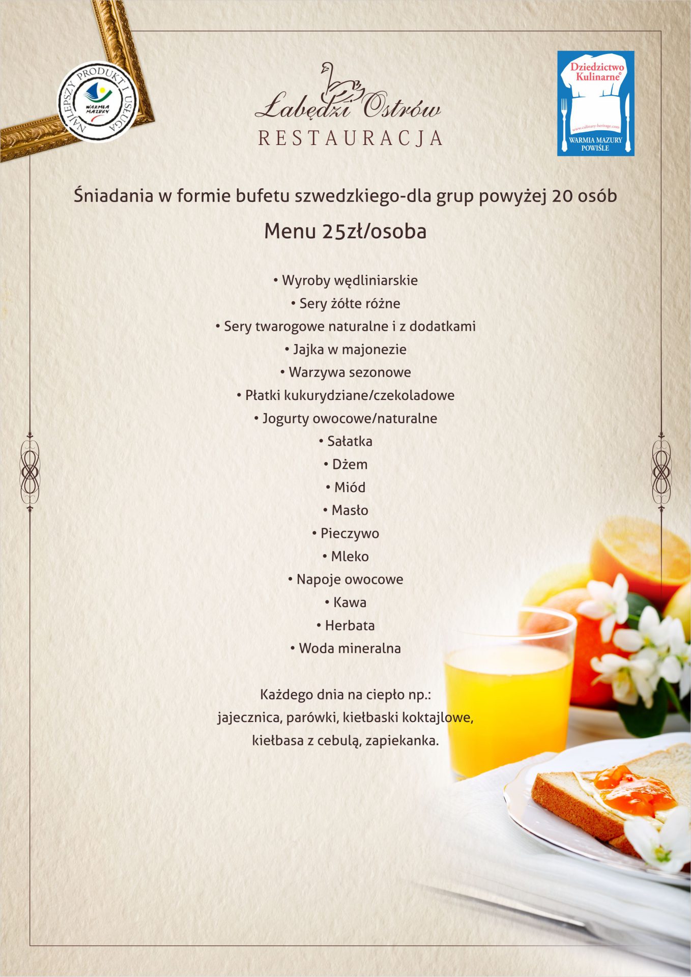 Menu Śniadanie 25 - Restauracja Mazury - Łabędzi Ostrów – Giżycko