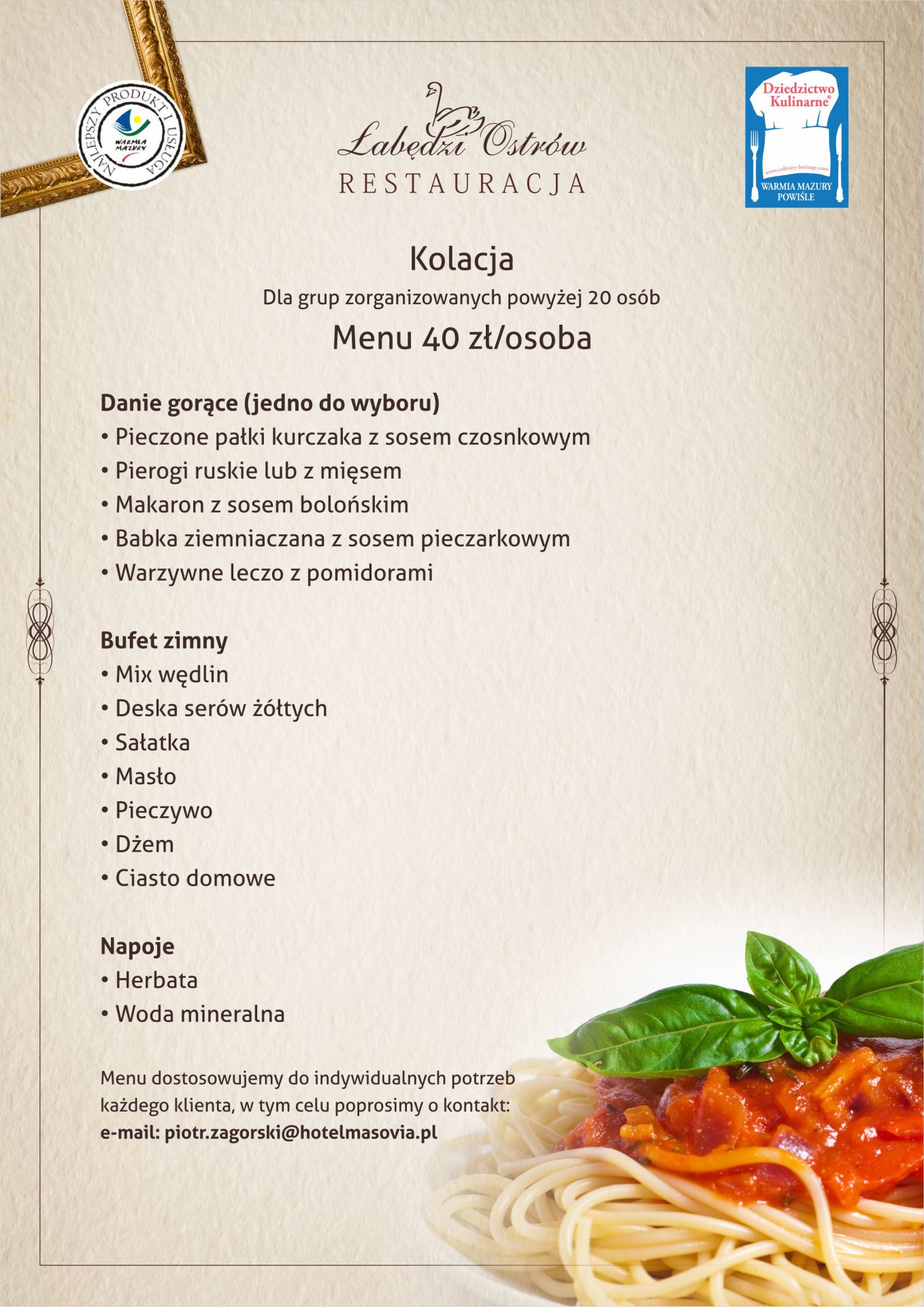 Menu Kolacja 40 - Restauracja Mazury - Łabędzi Ostrów – Giżycko