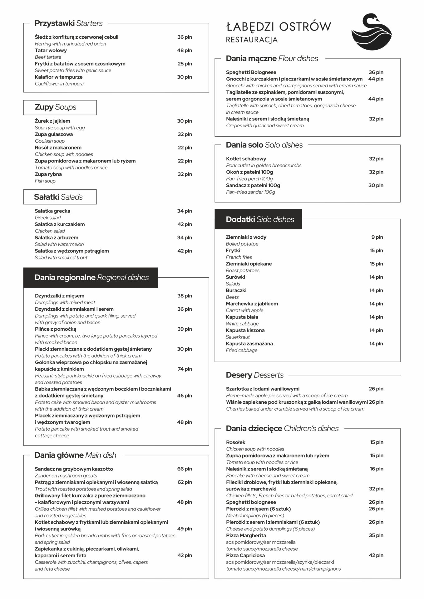 Menu a'la carte - Restauracja Mazury - Łabędzi Ostrów – Giżycko